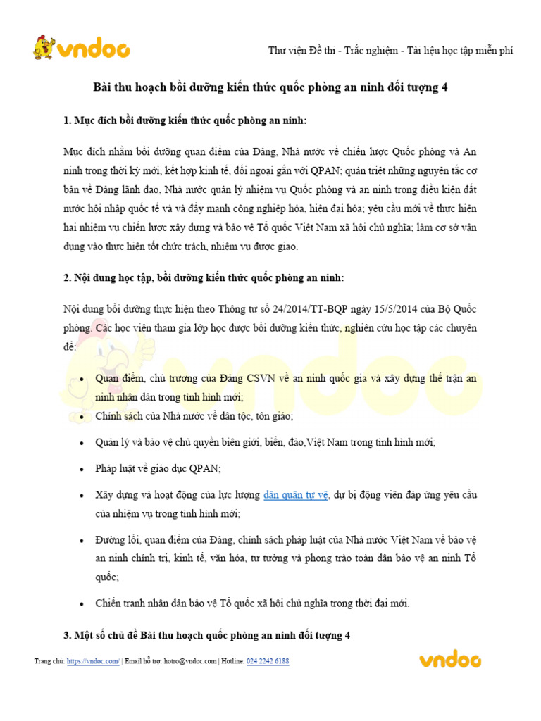 Bai Thu Hoach Boi Duong Kien Thuc Quoc Phong An Ninh Doi Tuong 4 | PDF