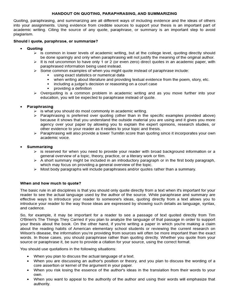 Handout On Quoting, Paraphrasing, and Summarizing | PDF