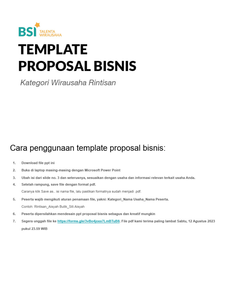 Template Proposal Bisnis - Talenta Wirausaha BSI - Wirausaha Rintisan | PDF