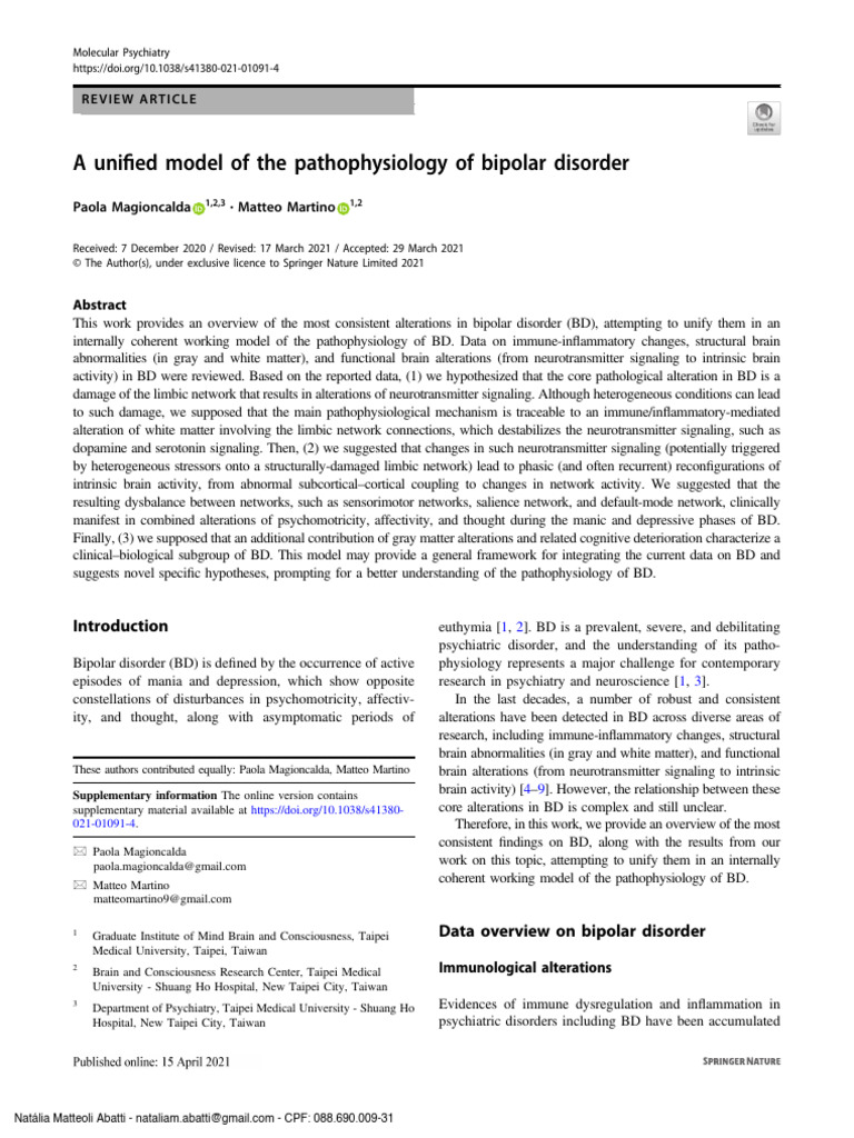 A Unified Model of The Pathophysiology of Bipolar Disorder | PDF