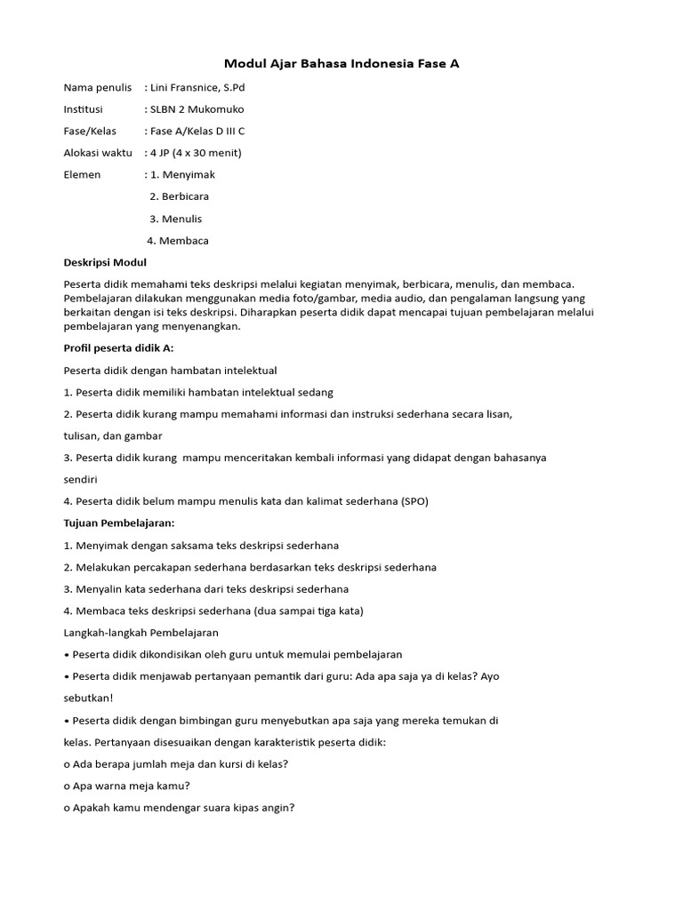 Modul Ajar Bahasa Indonesia Fase A | PDF
