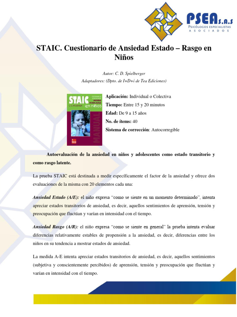 Cuestionario STAIC de Ansiedad Infantil | PDF