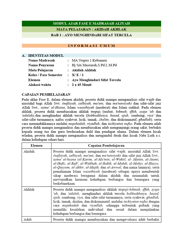 Modul Aka 10 Bab 1 - Menghindari Sifat Tercela | PDF | Career & Growth | Science & Mathematics