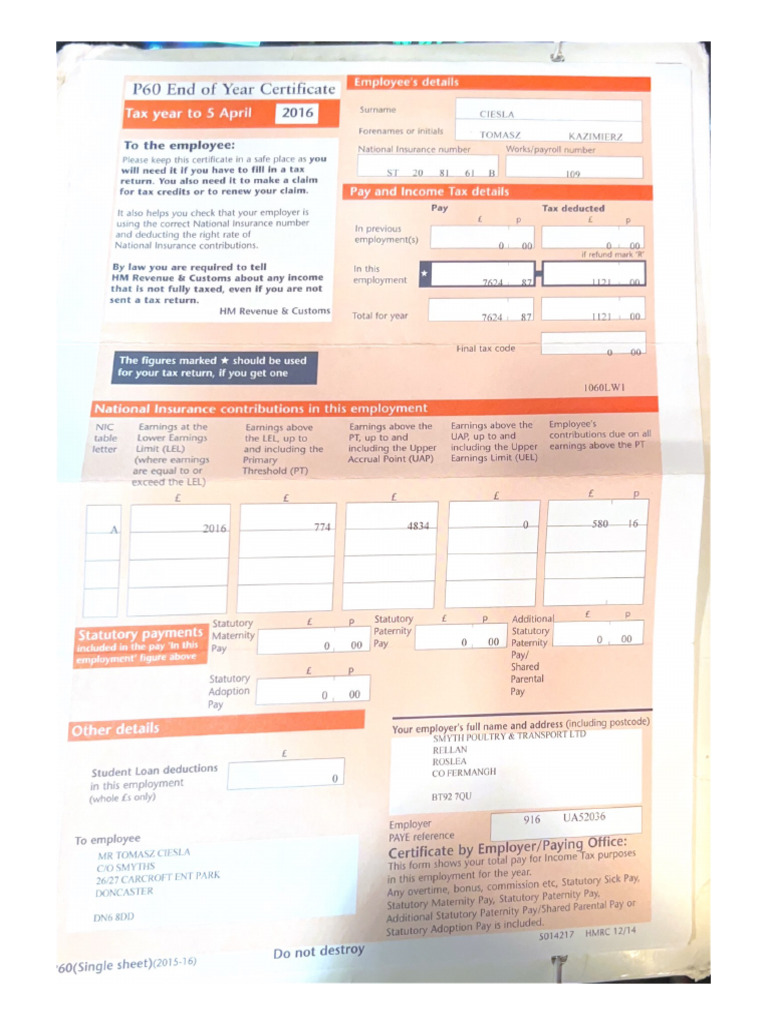 P60 End of Year Certificate | PDF