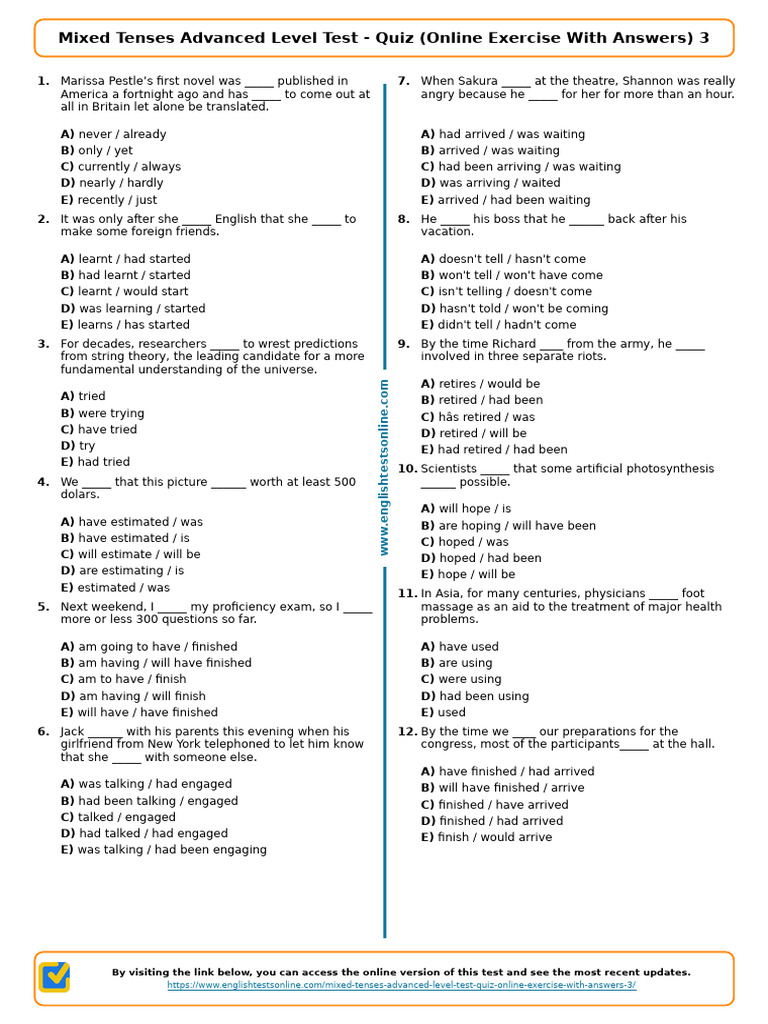 325 Mixed Tenses Advanced Level Test Quiz Online Exercise With Answers ...