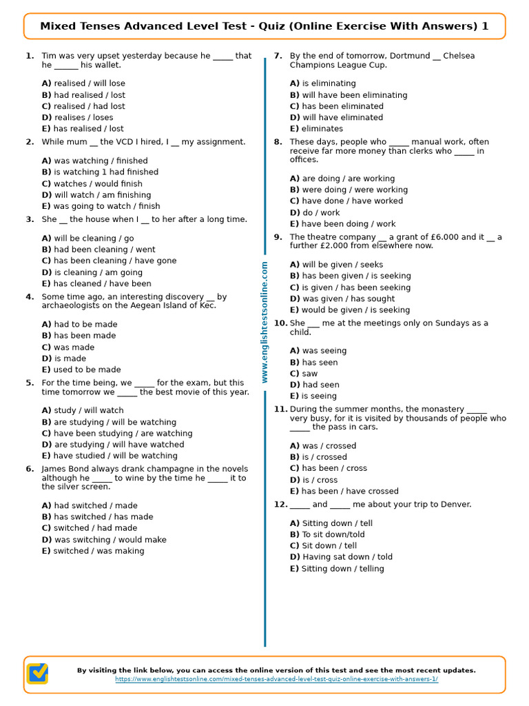 Advanced Mixed Tenses Quiz with Answers | PDF