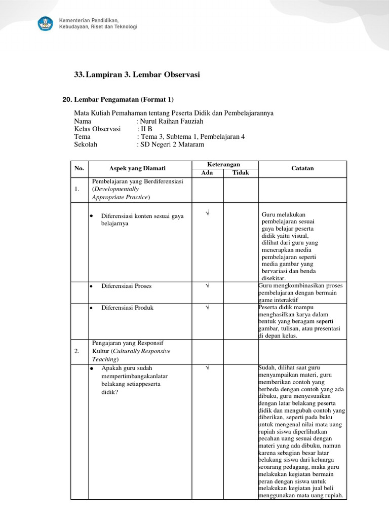 Contoh Lembar Pengamatan Siswa SD | PDF