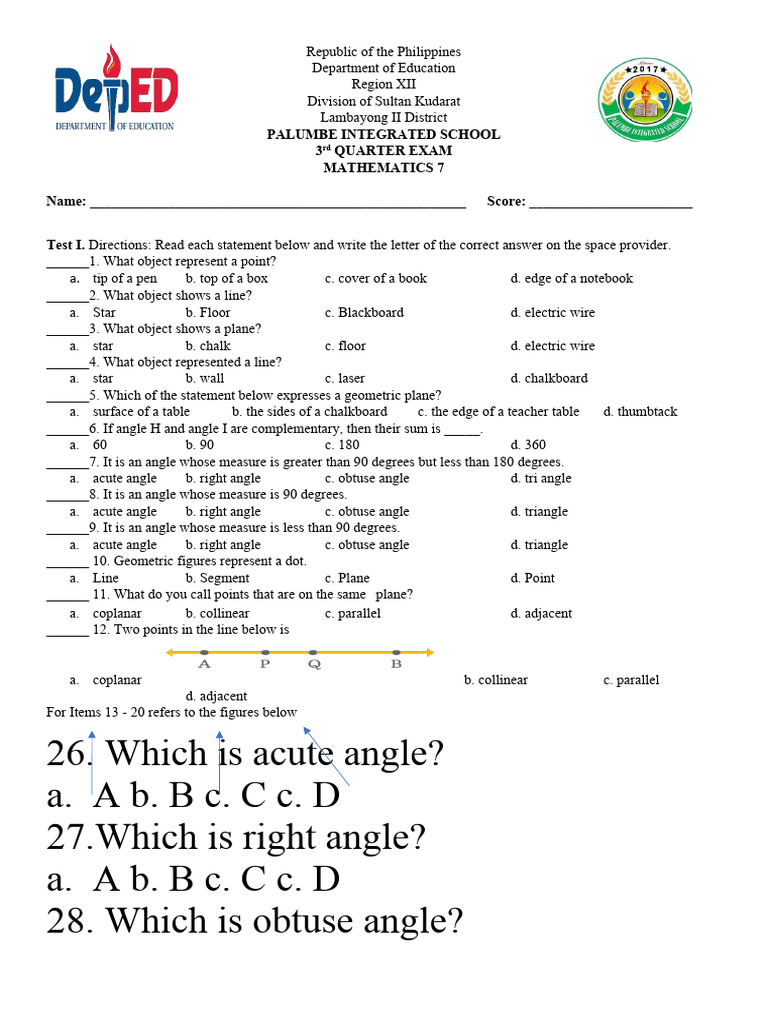 Grade 7 3RD QUARTER EXAM | PDF | Angle | Mathematics