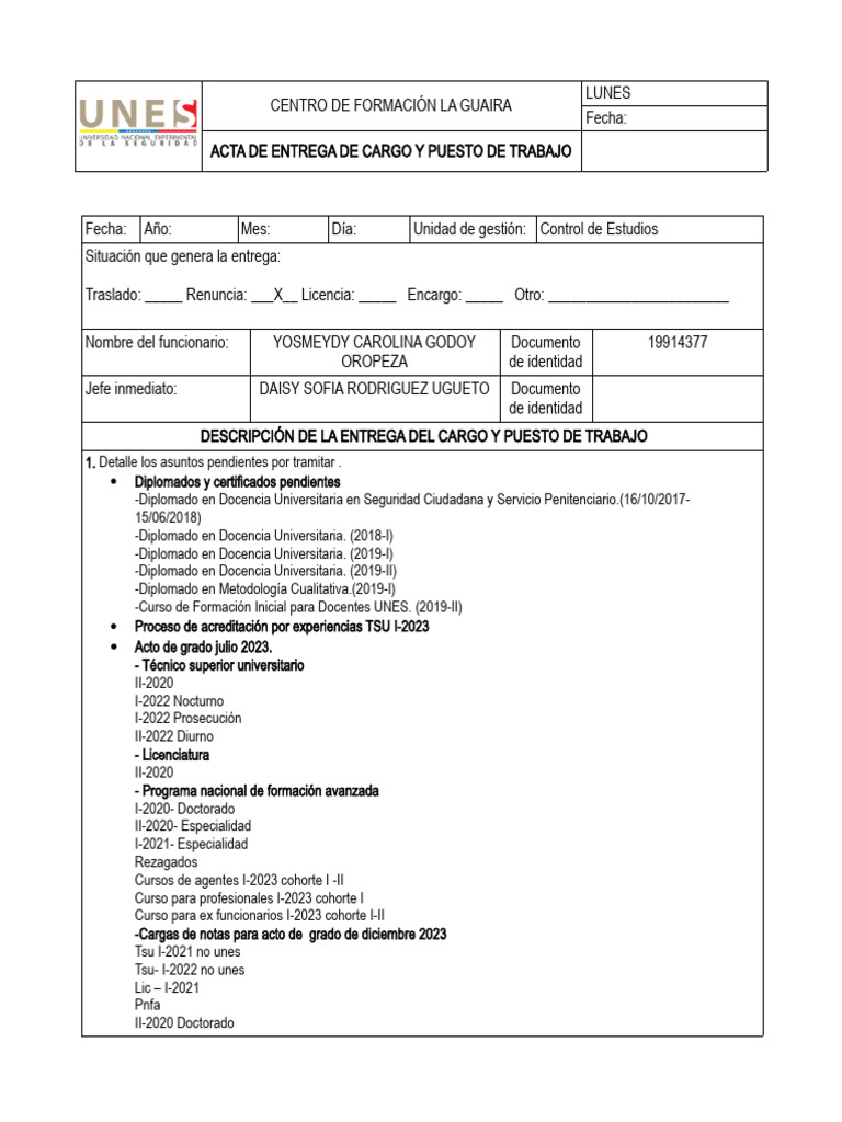 Acta de Entrega de Cargo | PDF