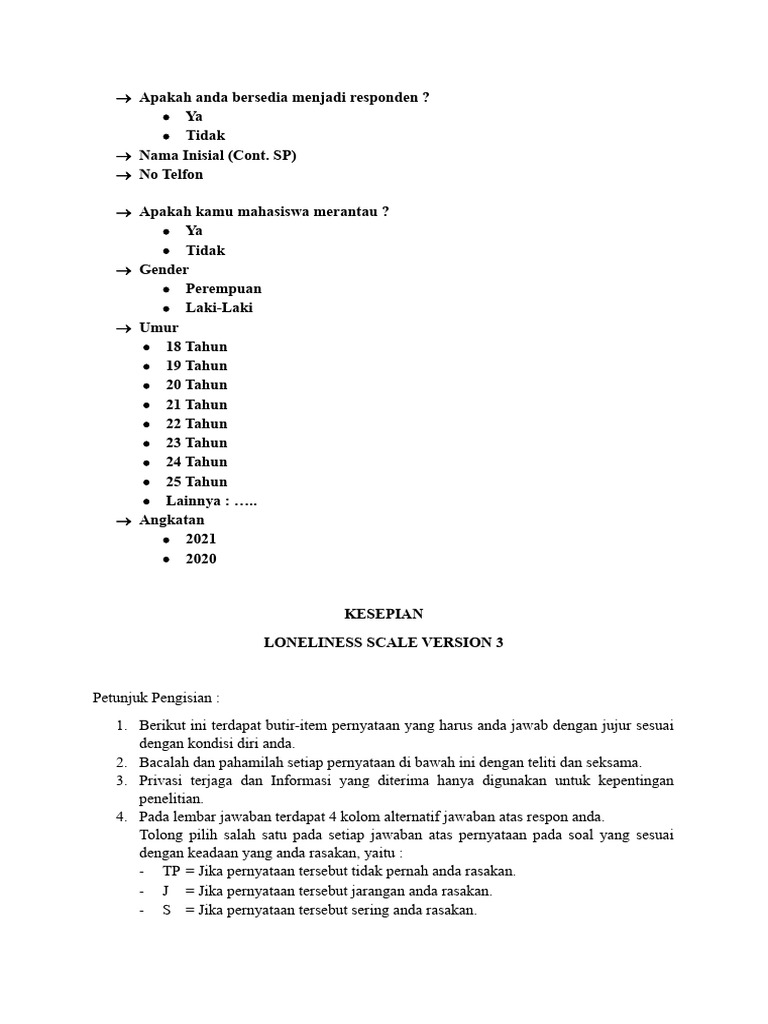 Alat Pengukuran Kesepian Tia | PDF