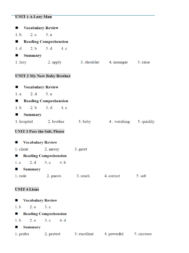 Reading Success 4 Answer Key CH 1-10 | PDF