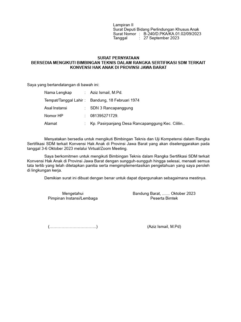 Surat Pernyataan BIMTEK KHA | PDF