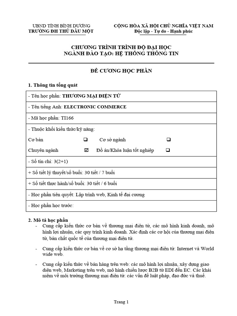 DE CUONG HOC PHAN - Thuong Mai Dien Tu - AUN | PDF