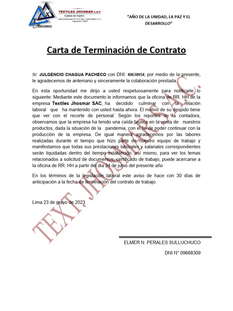 Carta de Terminacion de Contrato | PDF