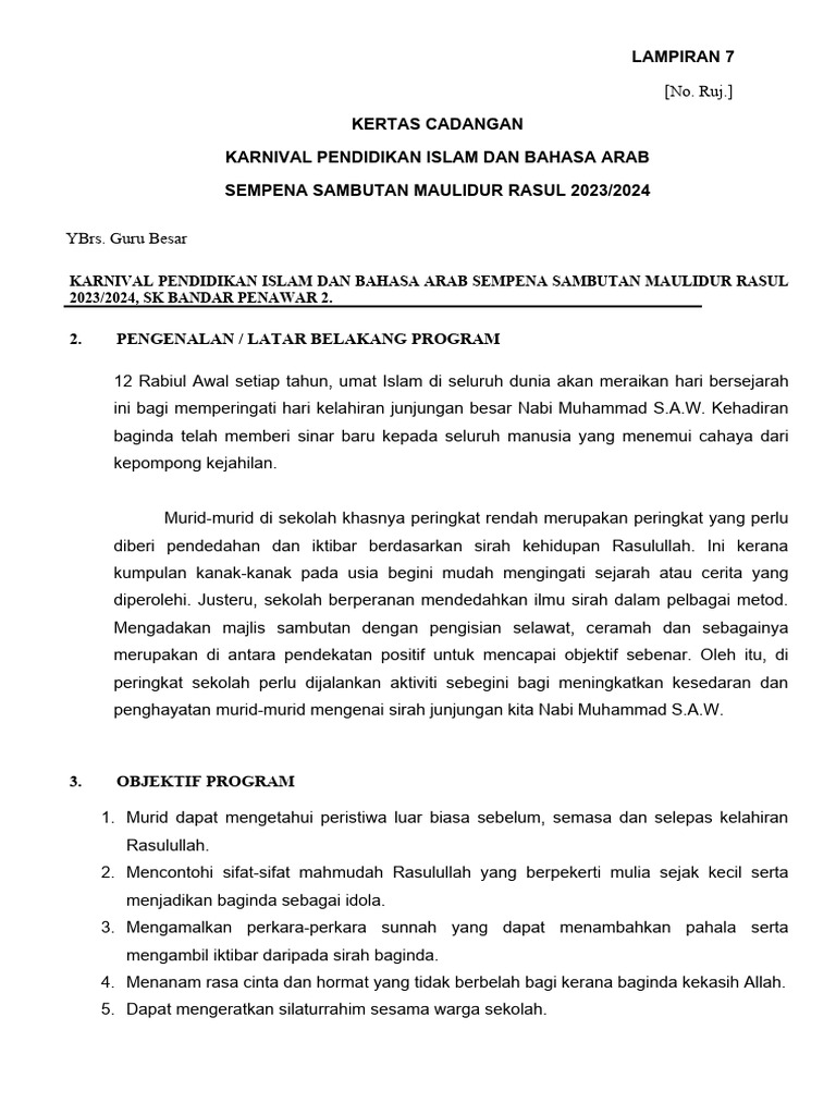 Kertas Kerja Karnival Pendidikan Islam & Bahasa Arab Sempena Maulidur Rasul | PDF
