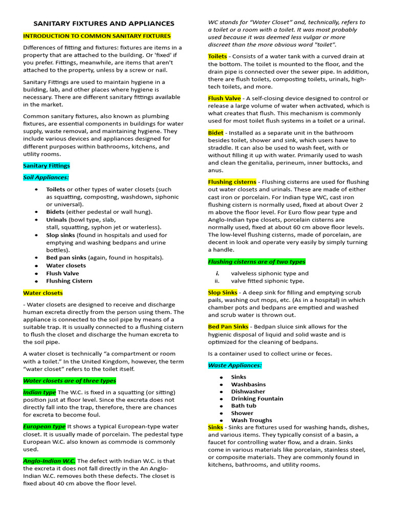 Sanitary Fixtures Overview and Types | PDF | Home & Garden