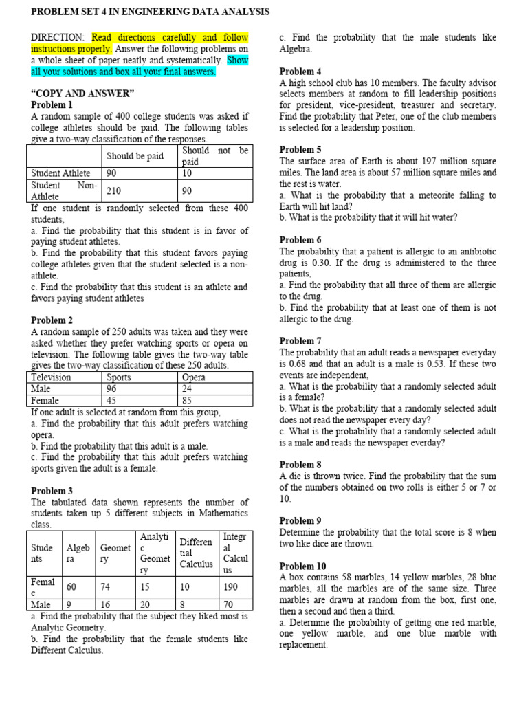 Problem Set 4 in Engineering Data Analysis | PDF | Sports & Recreation
