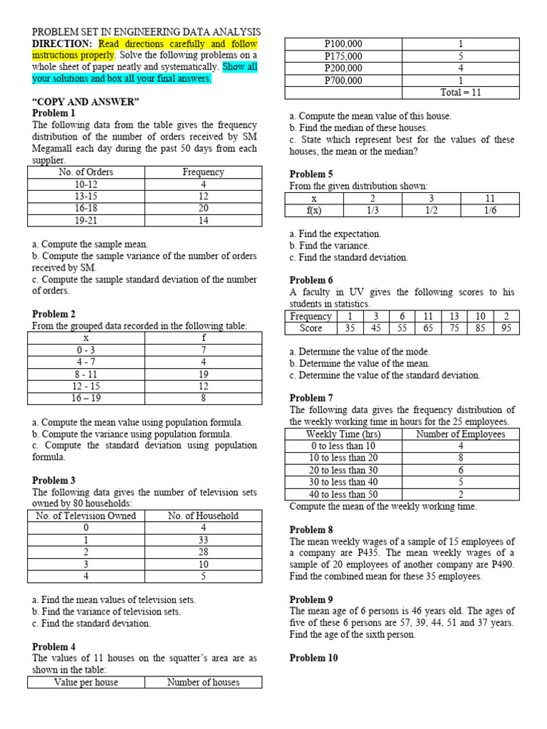 Problem Set 1 in Engineering Data Analysis | PDF