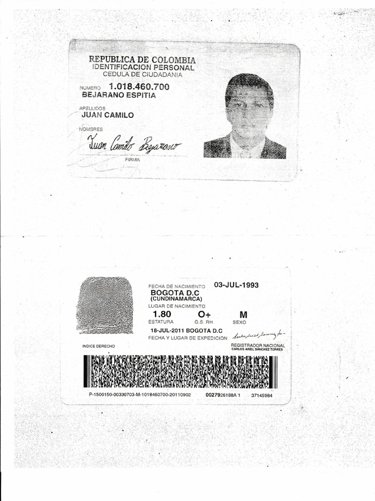 Cedula Juan Camilo Bejarano Espitia | PDF