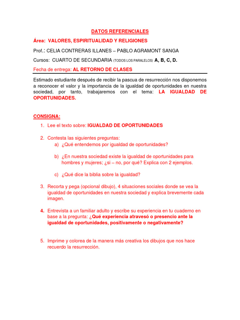 4ro. VER. PROF CELIA CONTRERAS | PDF | Igualdad de oportunidades ...