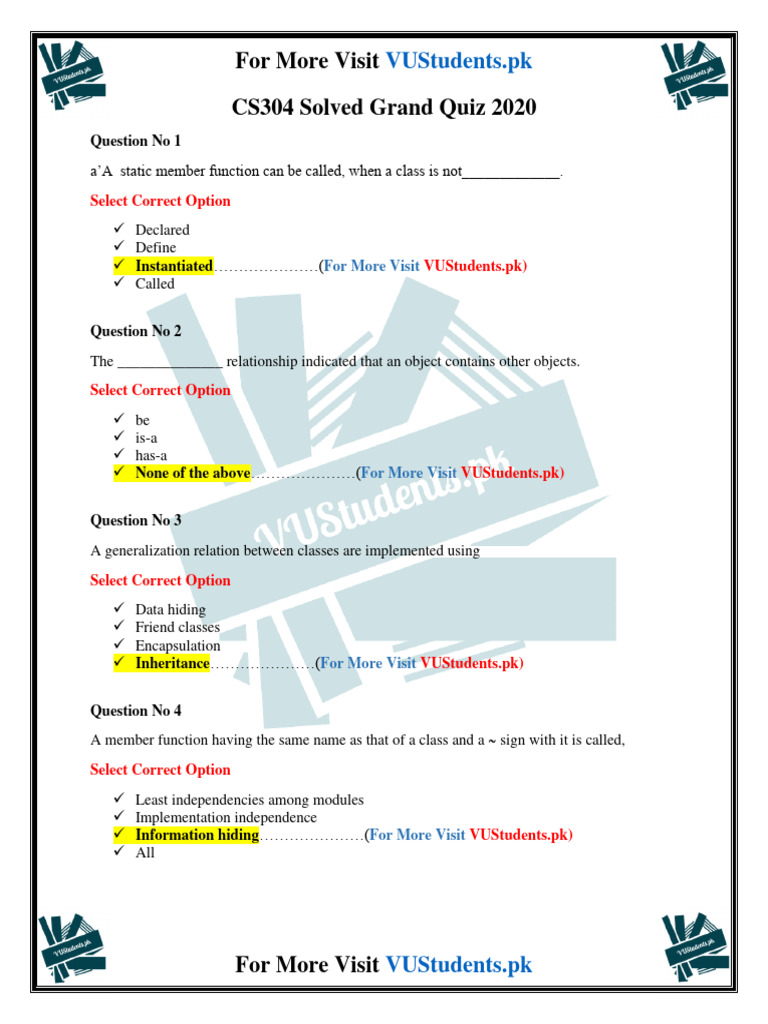 CS304 Solved Grand Quiz 2020 | PDF