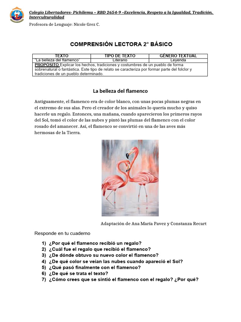 Comprensión Lectora Los Flamencos Fabulas | PDF