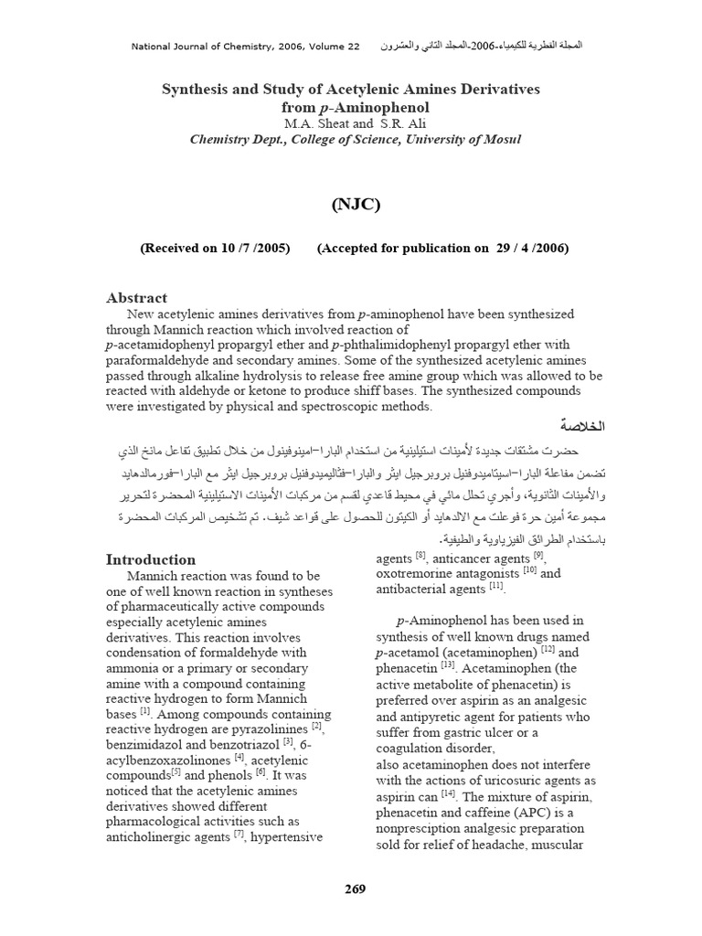 Synthesis and Study of Acetylenic Amines Derivatives From P-Aminophenol ...