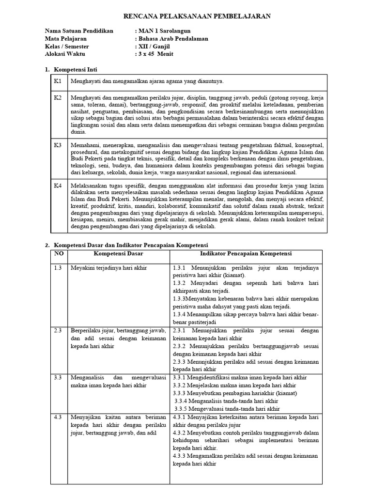 RPP Bahasa Arab MAn1 | PDF | Karier & Perkembangan | Kesehatan Holistik