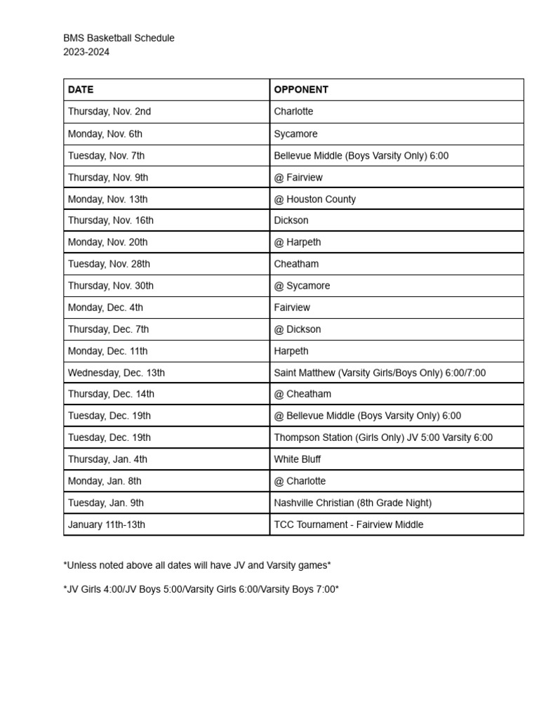 BMS Basketball Schedule 2023-24 | PDF