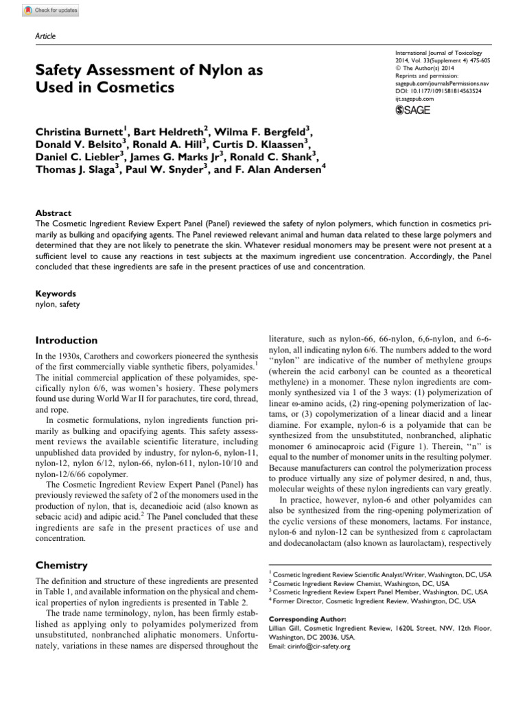 Burnett Et Al 2015 Safety Assessment of Nylon As Used in Cosmetics ...