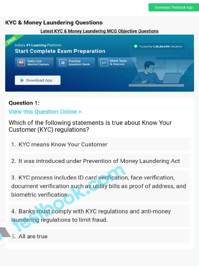 MCQ On Kyc Money Laundering 5eea6a0939140f30f369d8d1 | PDF