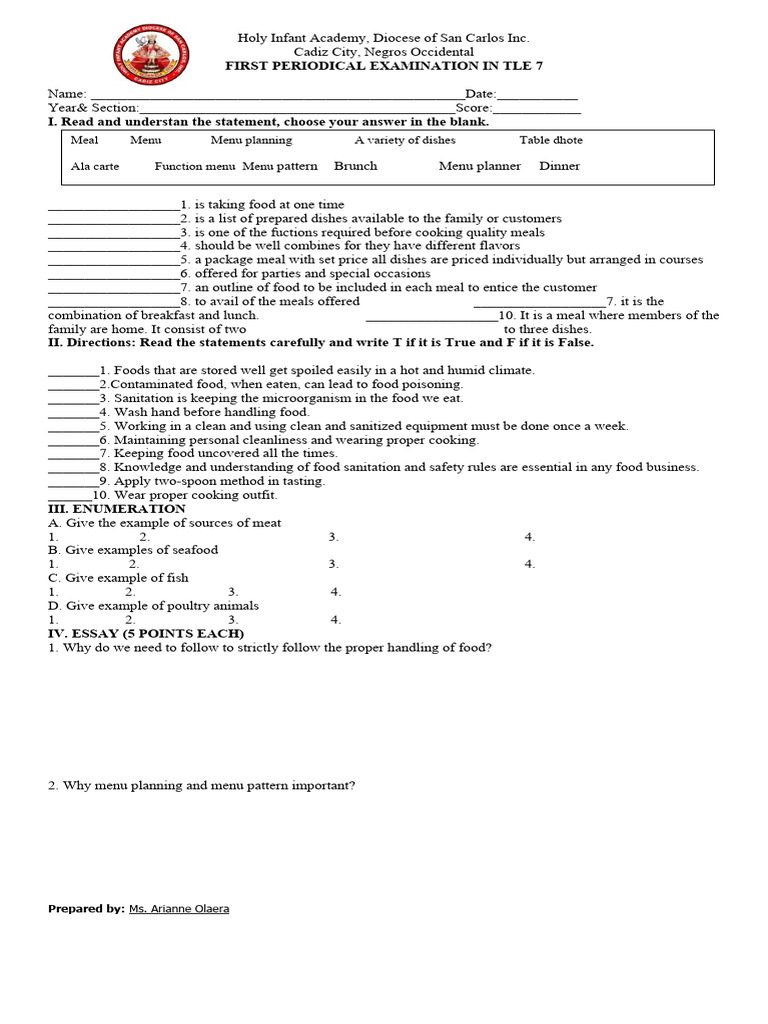 1ST Per. Tle 7 | PDF | Meal | Menu