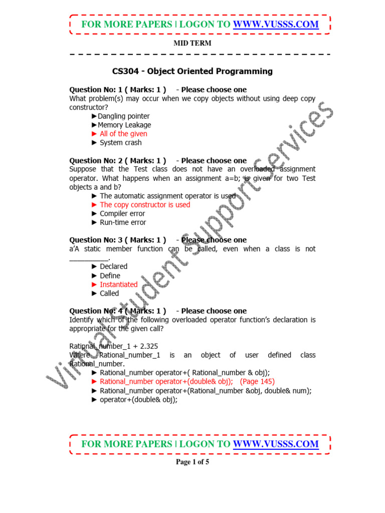 CS304 Object Oriented Programming Solved MID Term Paper 02 | PDF