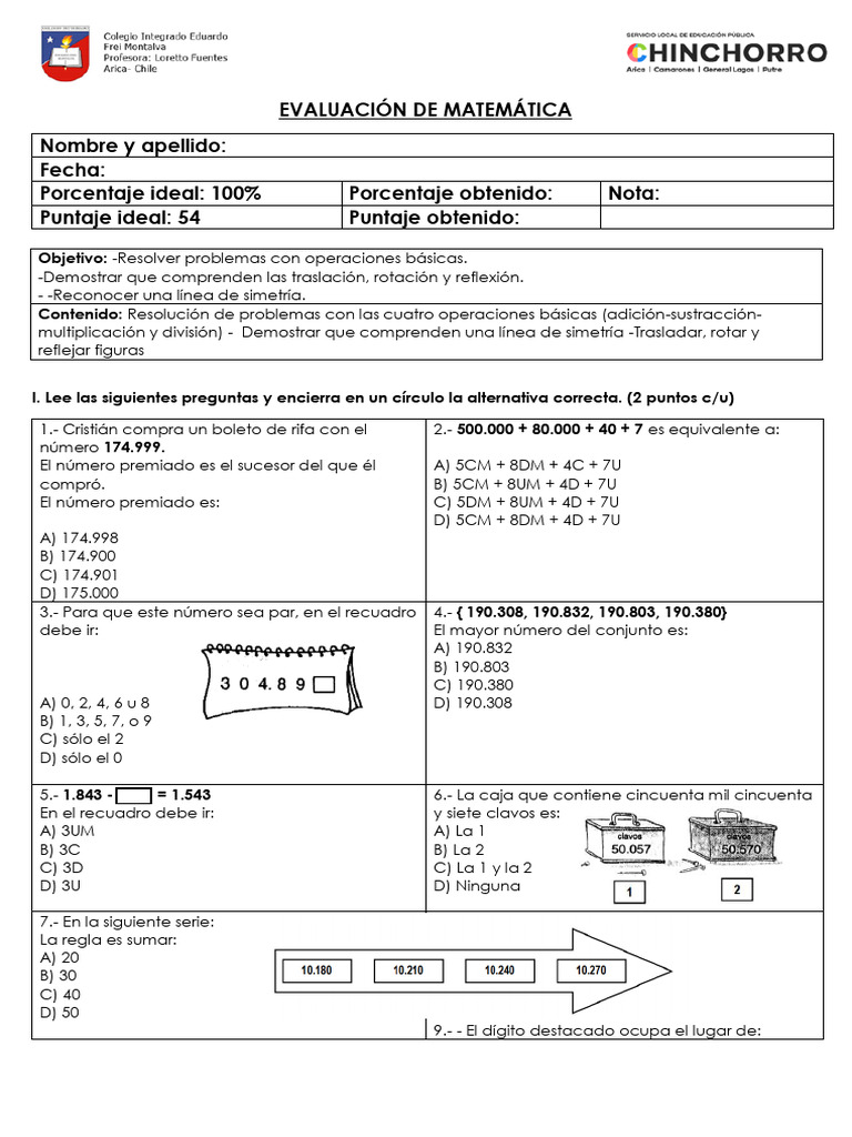 Prueba de matemática 4 basico | PDF | Matemáticas | Geometría