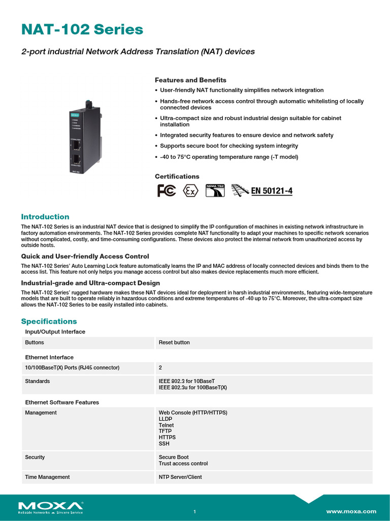 Moxa Nat 102 Series Datasheet v1.2 | PDF