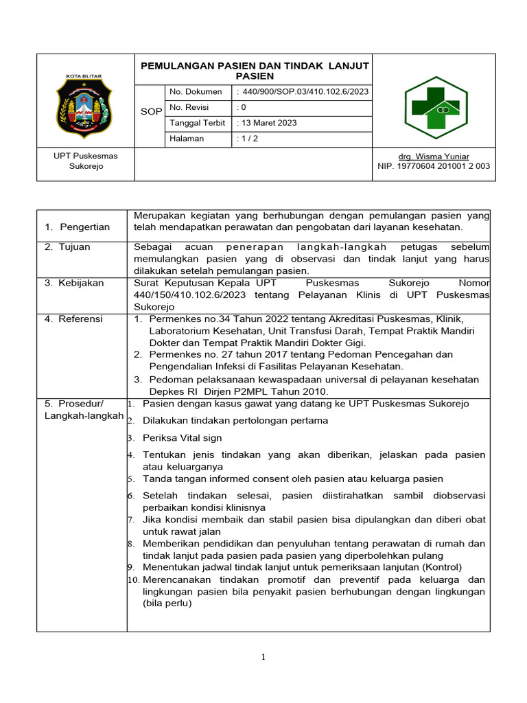 SOP Pemulangan Dan TL Pasien Gigi | PDF
