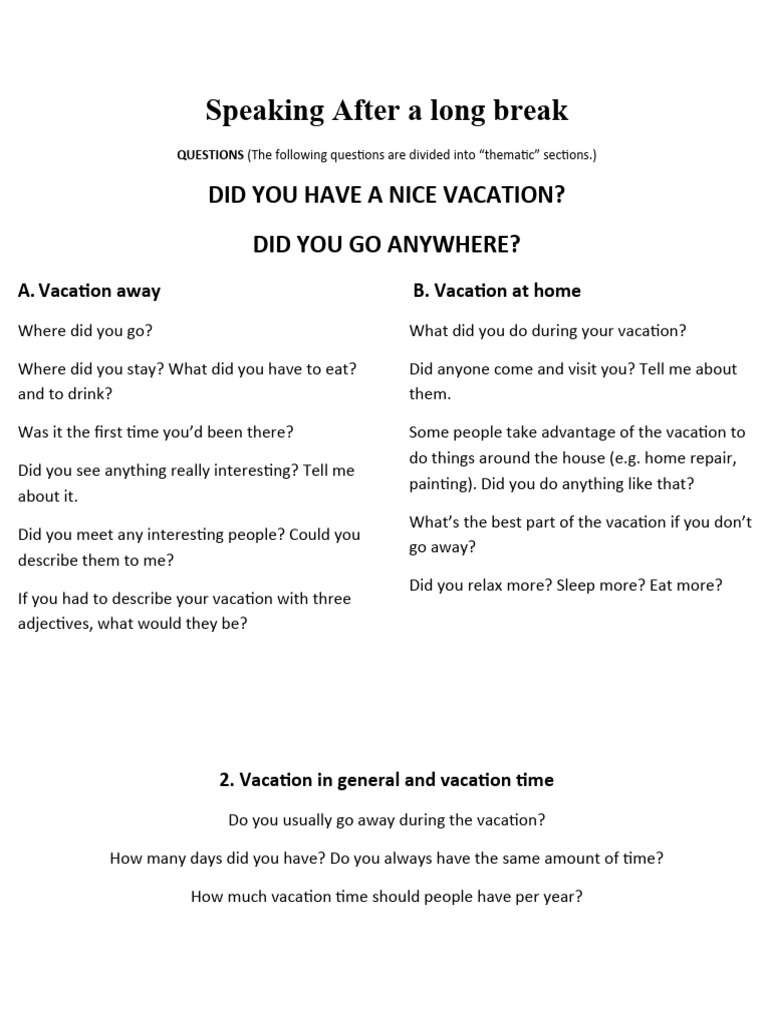 Vacation Discussion Questions | PDF | Vacation