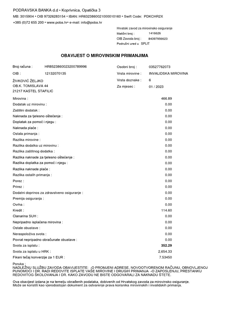 Obavijest O Mirovinskim Primanjima: - Koprivnica, Opatička 3 | PDF