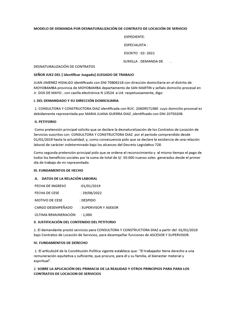 Demanda Por Desnaturalización de Contrato de Locación de Servicio | PDF | Derecho laboral ...