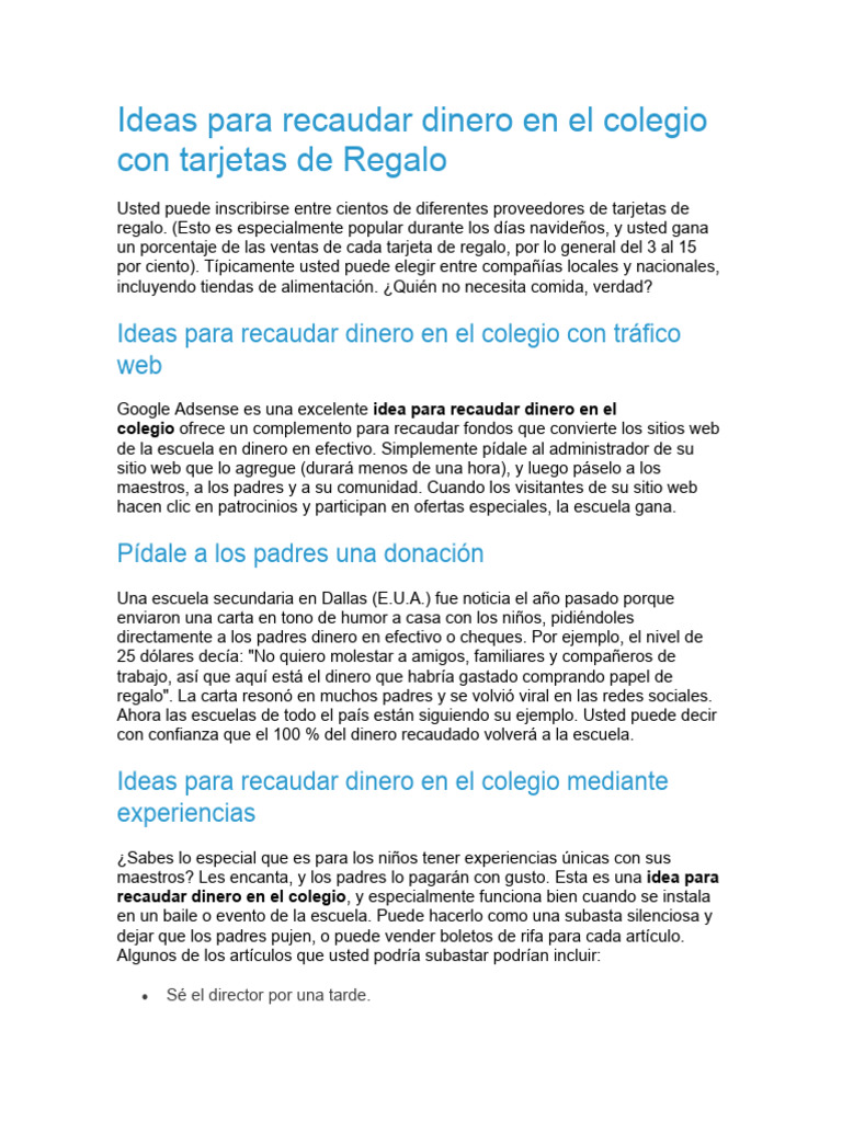 Ideas para Recaudar Dinero en El Colegio Con Tarjetas de Regalo | PDF