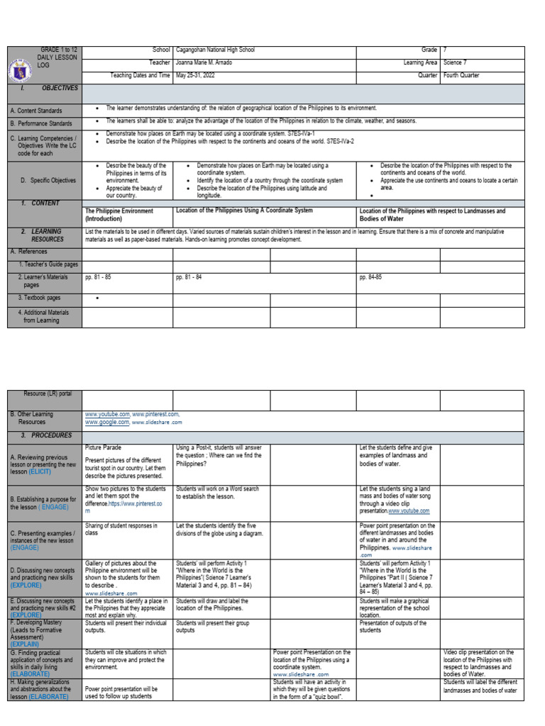 4th Quarter DLL Grade 7 Science | PDF | Learning | Cognitive Psychology