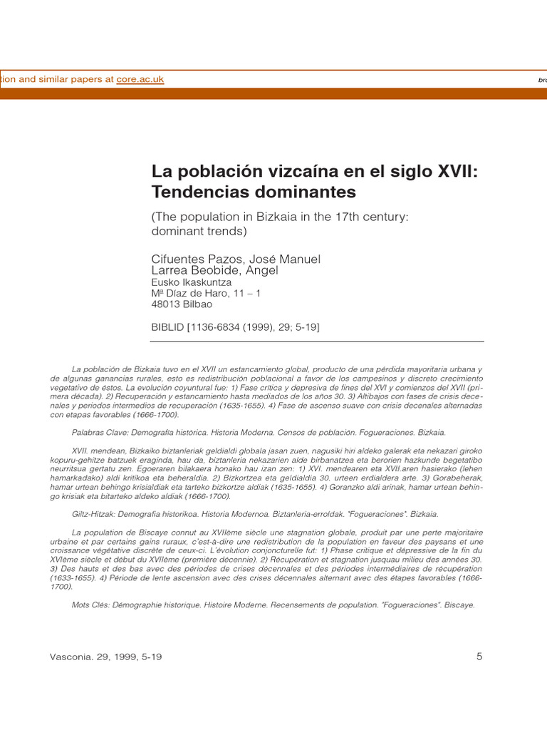La Poblaci-N Vizca'na en El Siglo XVII: Tendencias Dominantes | PDF