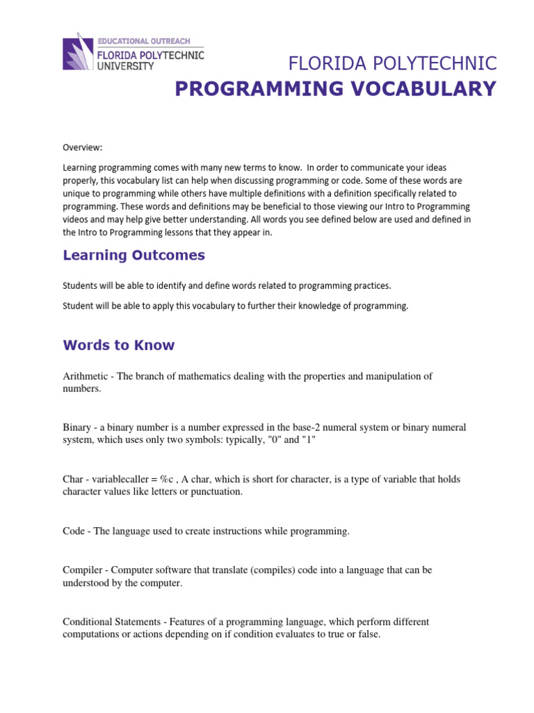 Programming Unit Vocabulary 1 | PDF | Integer (Computer Science ... Programming Unit Vocabulary 1 | PDF | Integer (Computer Science ...