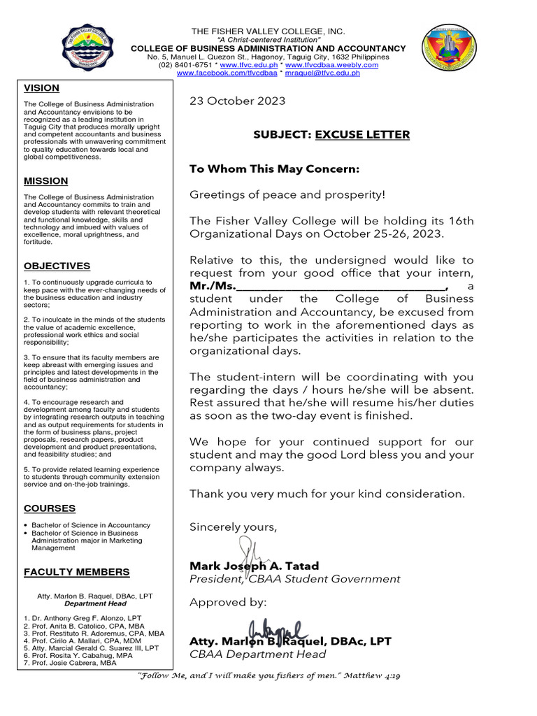 Ojt Excuse Letter | PDF
