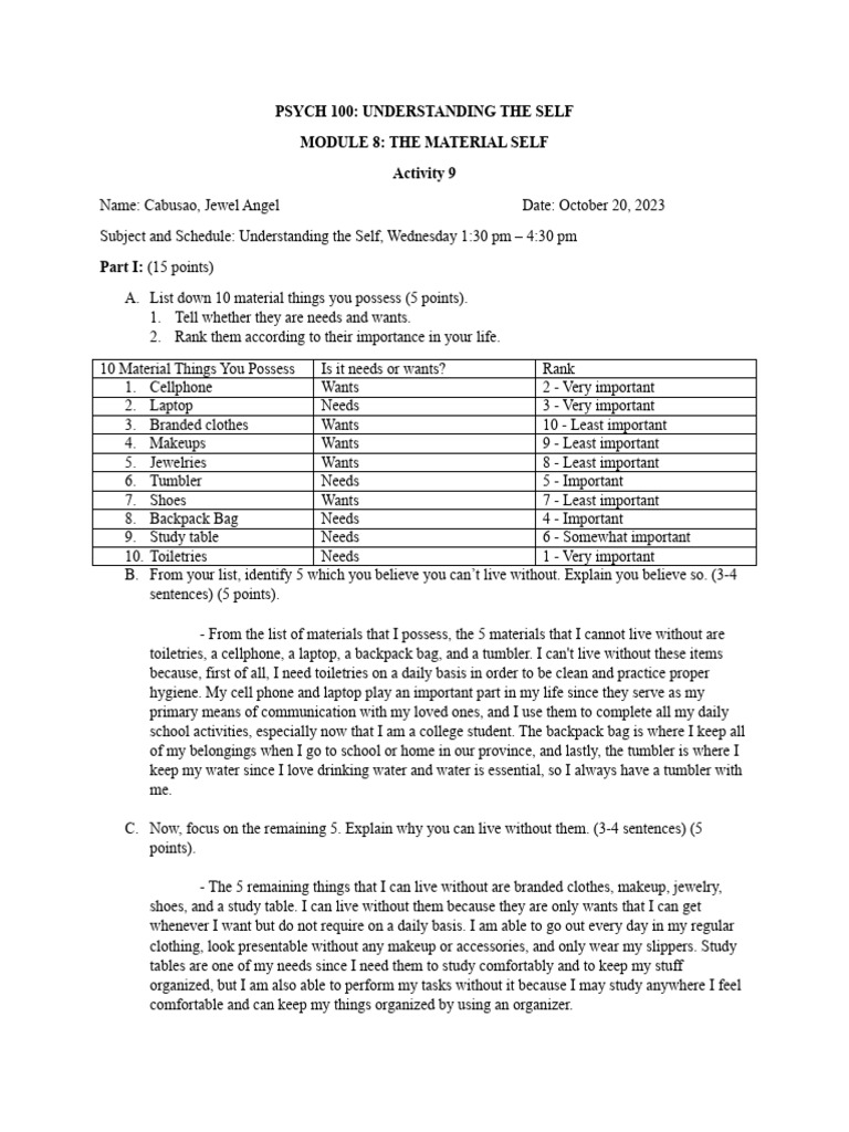 Module 8 Activity 9 The Material Self | PDF