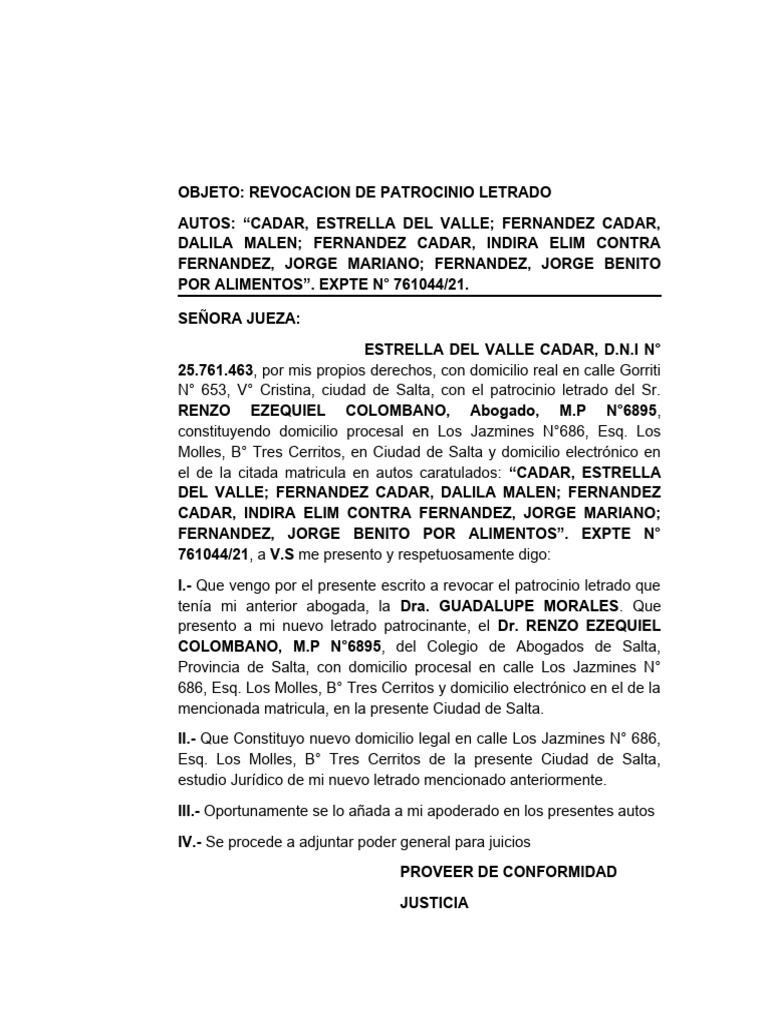 OBJETO SOLICITO REVOCACION DE PATROCINIO LETRADO ESTRELLA CADAR | PDF