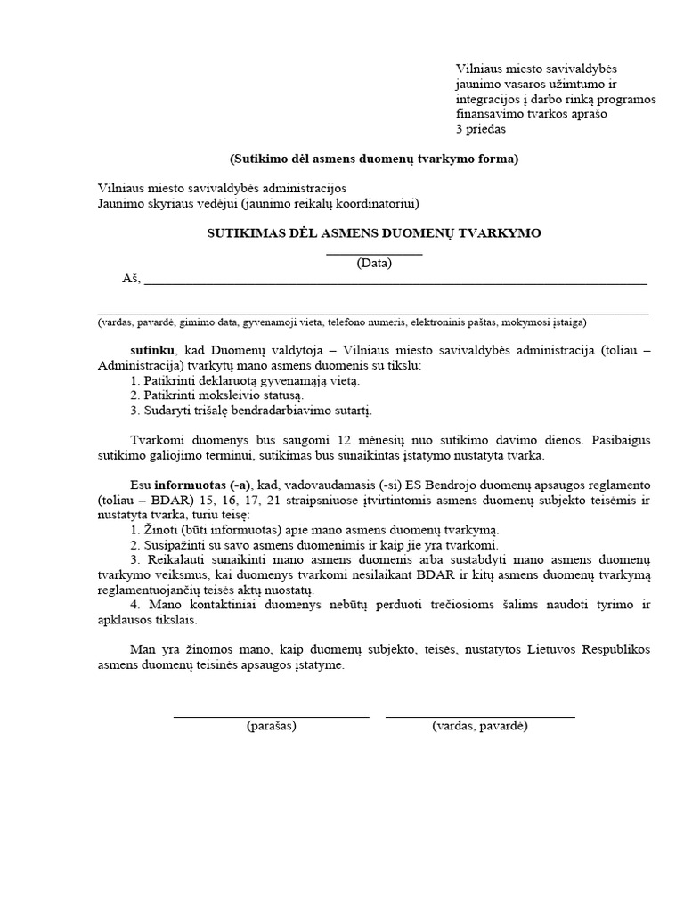 7906 Sutikimas Dėl Asmens Duomenų Tvarkymo | PDF