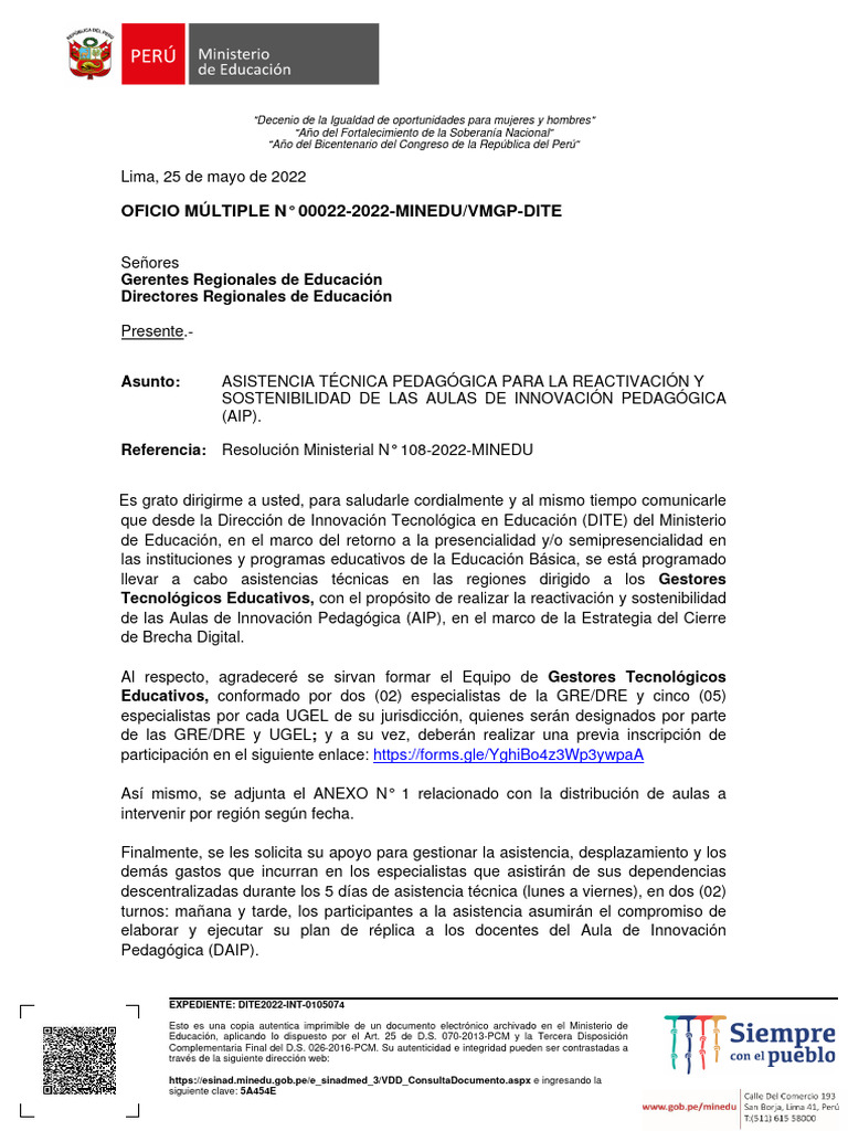 Oficio - Multiple 00022 2022 Minedu VMGP Dite (R) | PDF | Ciencias sociales