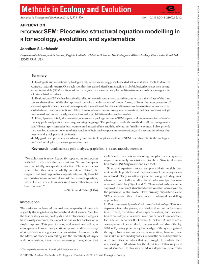 Methods Ecol Evol - 2015 - Lefcheck - PiecewiseSEM Piecewise Structural ...