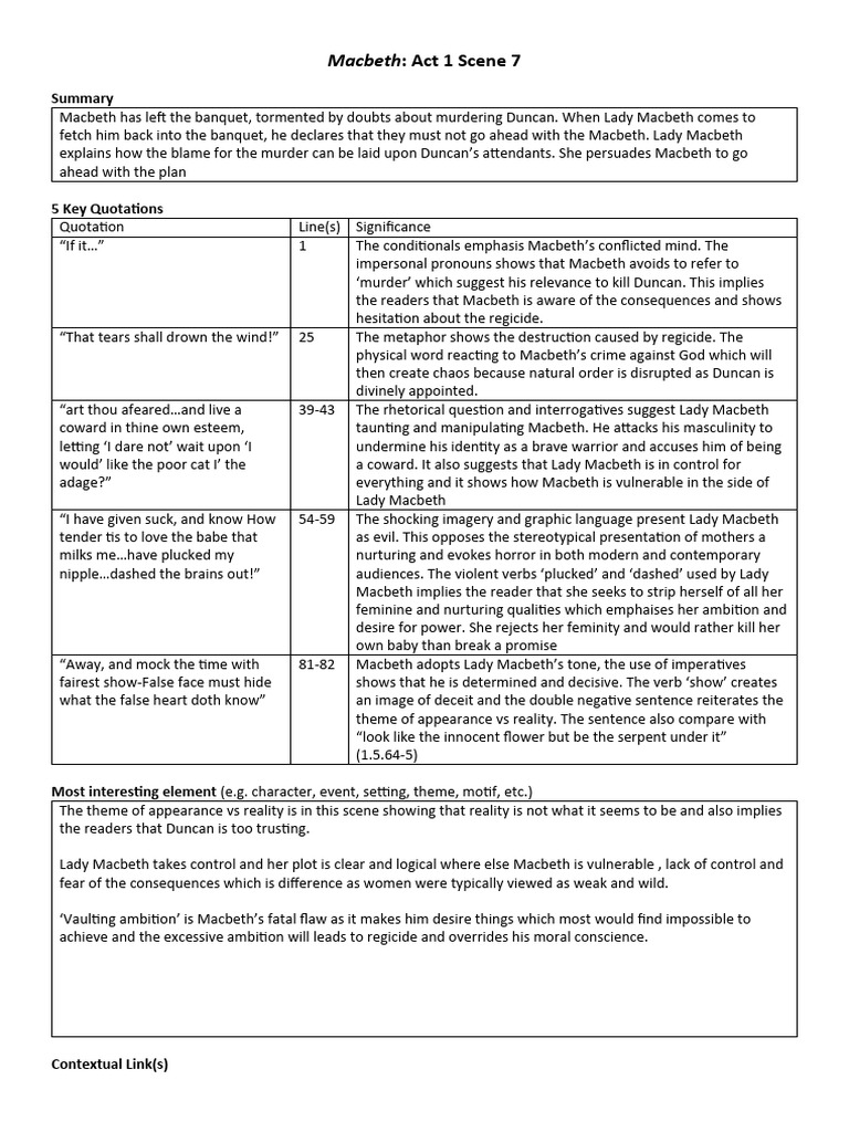 Macbeth Scene Analysis (Act 1 Scene 7) | PDF